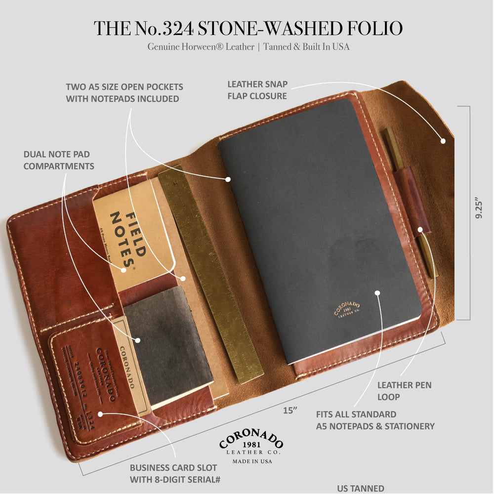 No.324 A5 Flap Folio | Stone-Washed Horween®